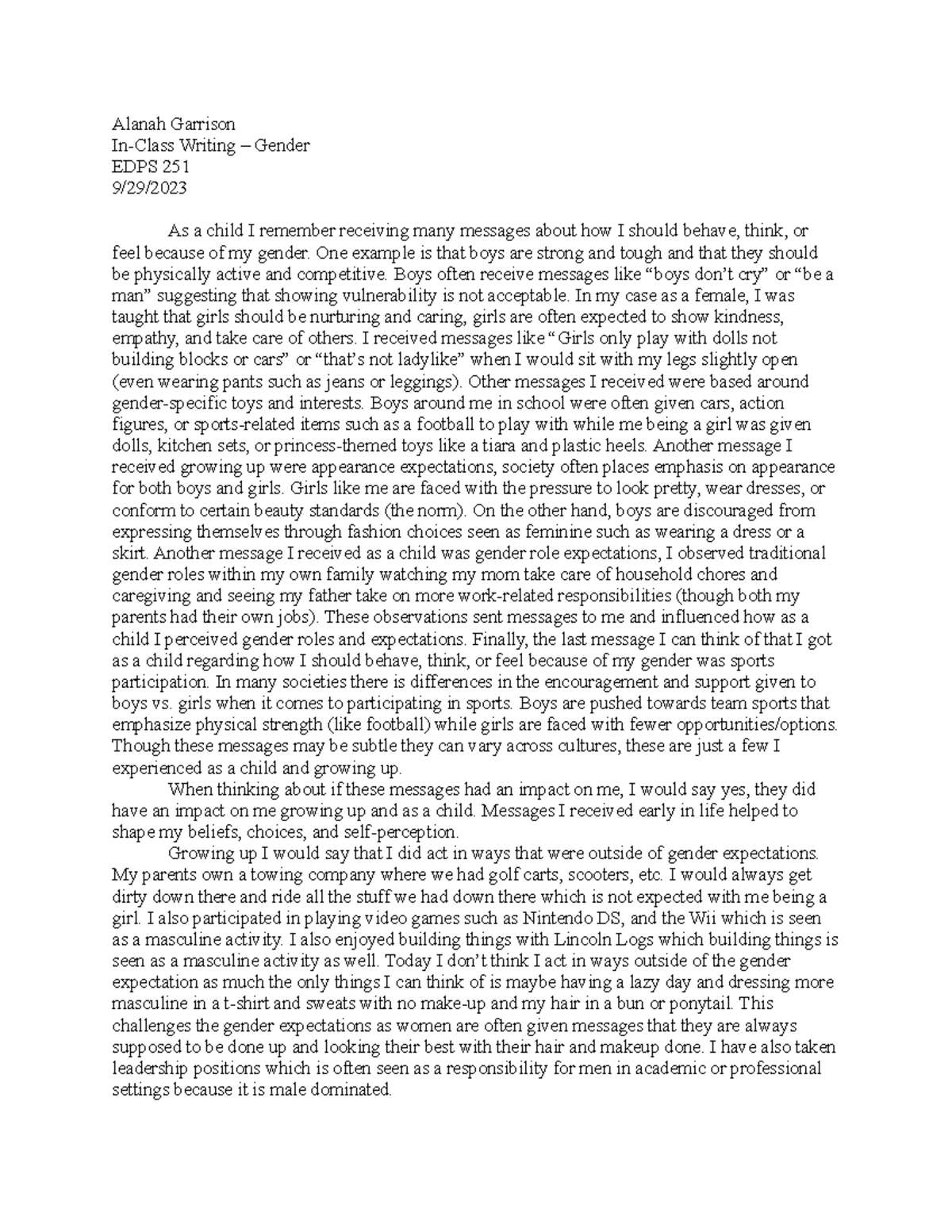 In class Writing - Gender - Alanah Garrison In-Class Writing – Gender ...