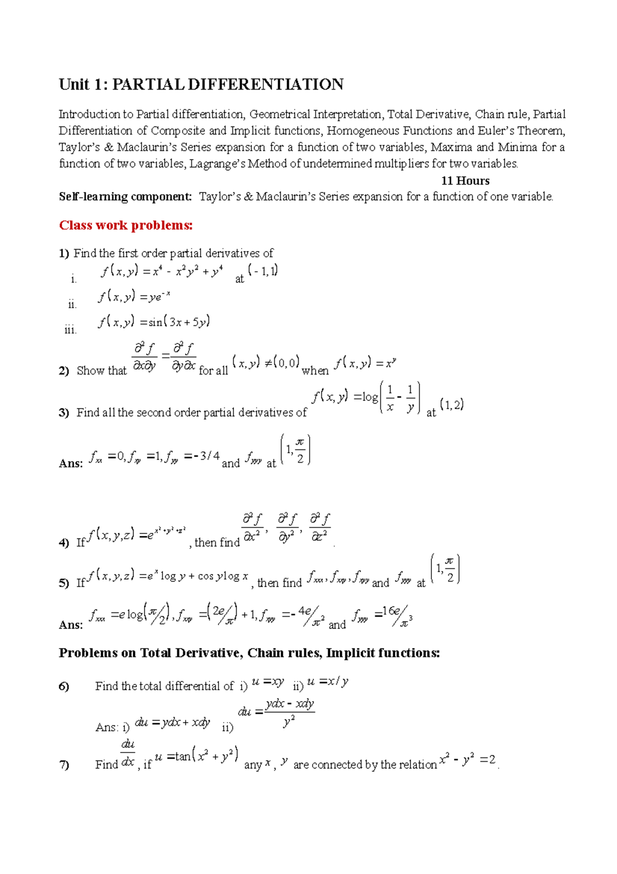 Unit 1 and 2 class work problems - Unit 1: PARTIAL DIFFERENTIATION Introduction to Partial - Studocu
