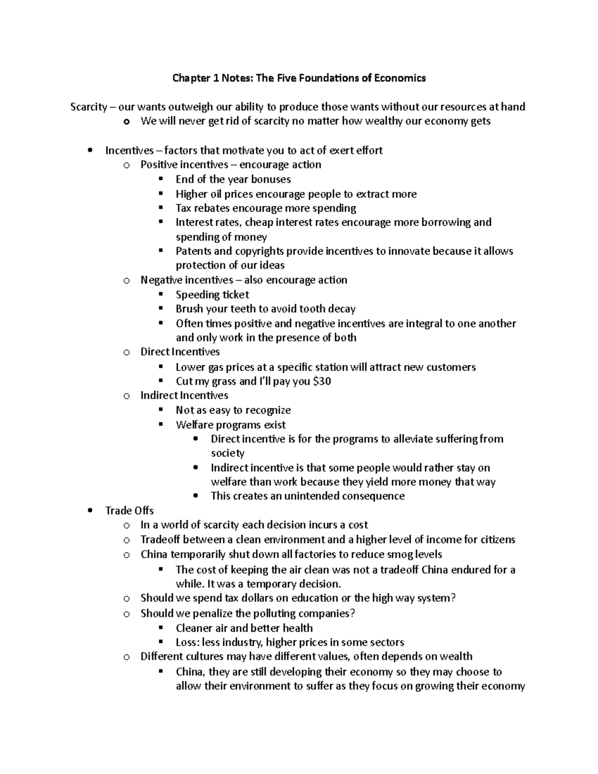 Chapter 1 Notes - Chapter 1 Notes: The Five Foundations of Economics ...