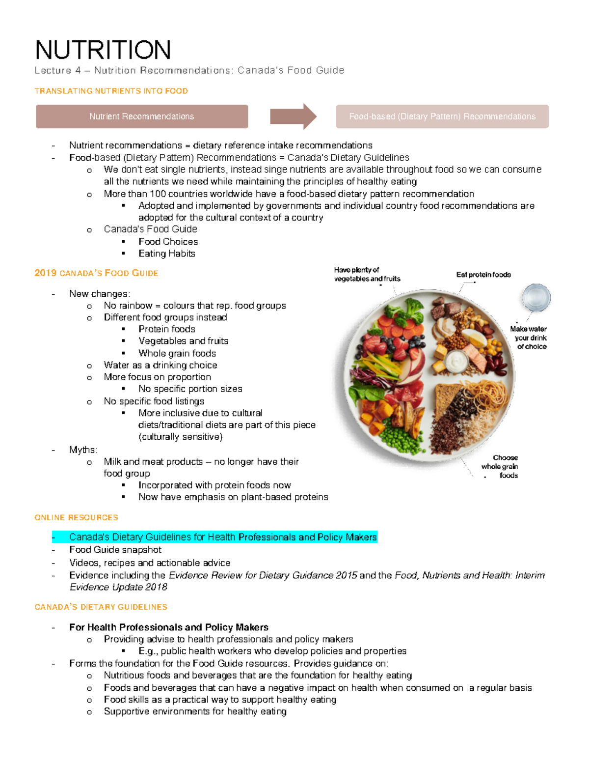 Module 2 lecture - NUTRITION Lec tur e 4 – Nutrition R ecommendations ...