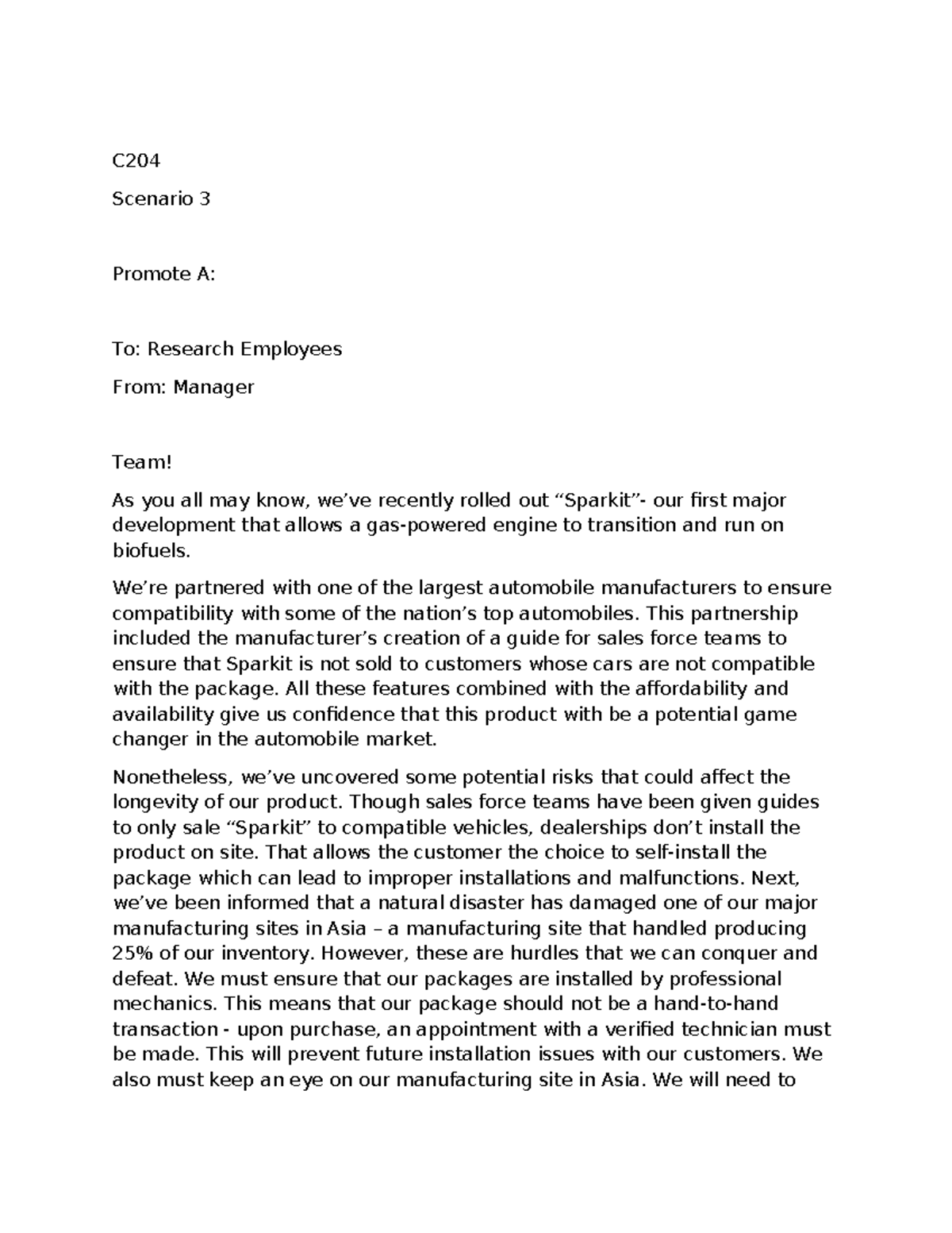 Task 1 - C Scenario 3 Promote A: To: Research Employees From: Manager ...