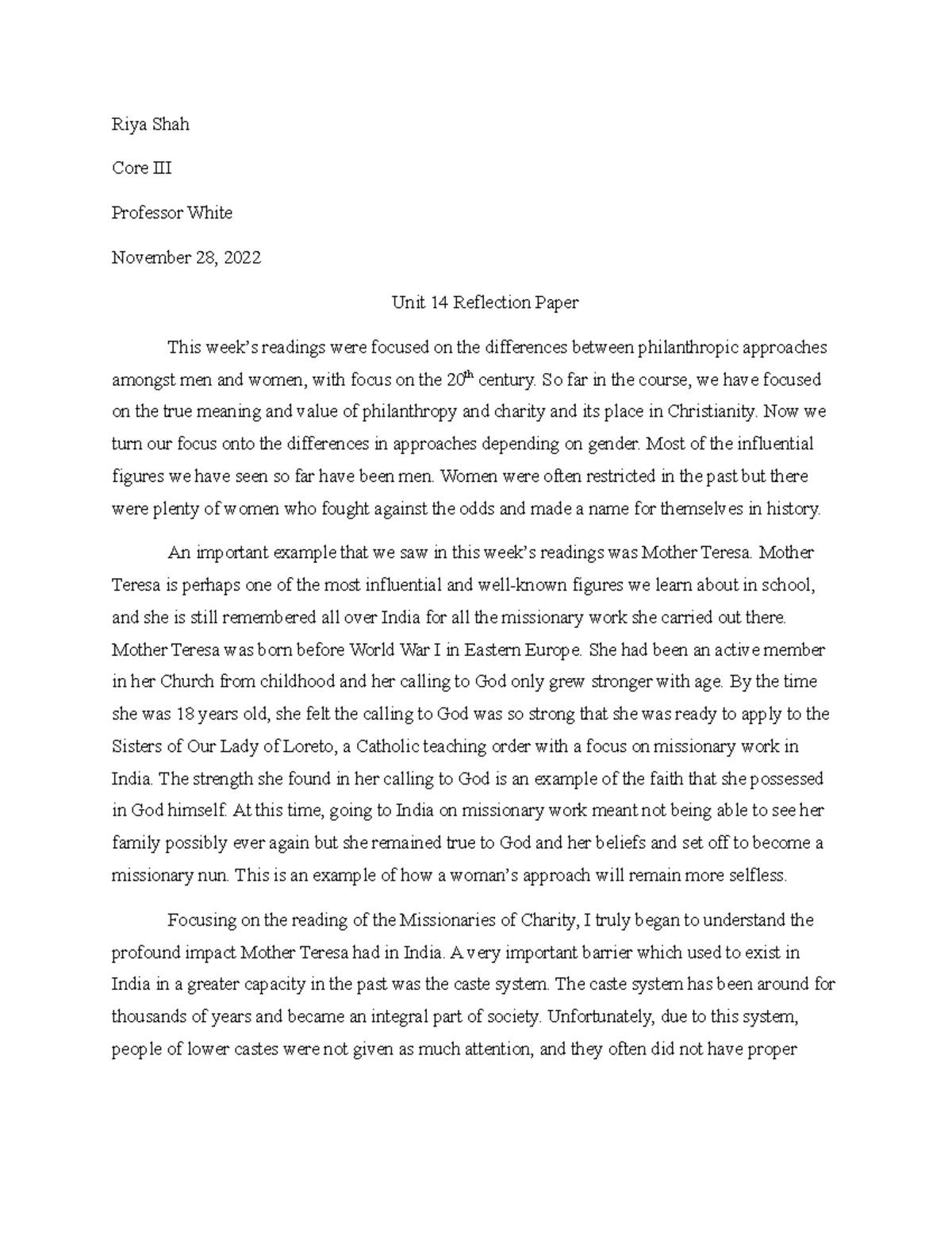Unit 14 Reflection Paper - Riya Shah Core III Professor White November ...