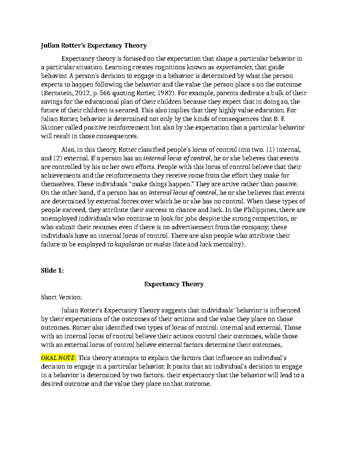 Julian Rotter's Expectancy Theory - Julian Rotter’s Expectancy Theory ...