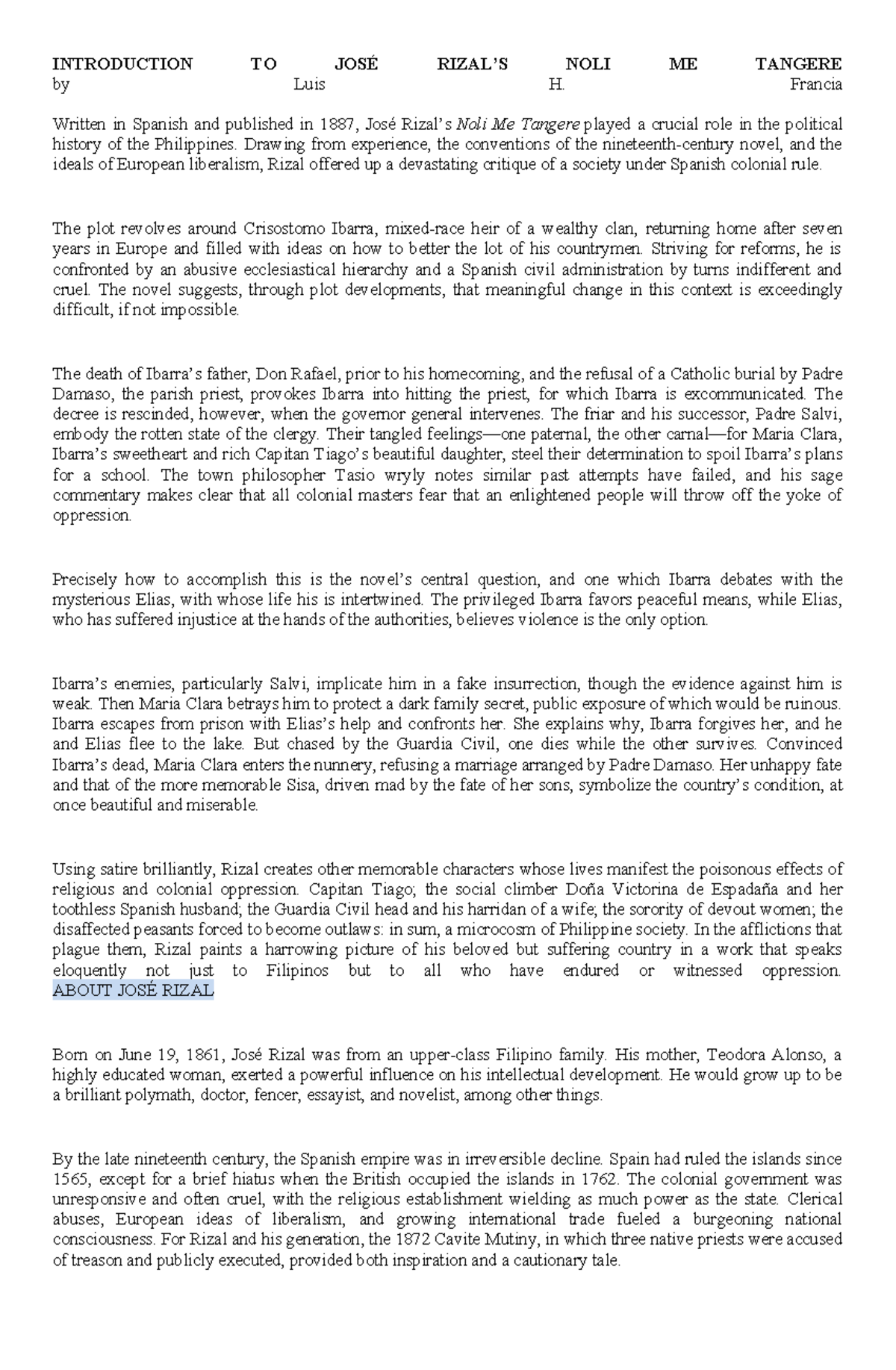 JOSE Rizal - INTRODUCTION TO JOSÉ RIZAL’S NOLI ME TANGERE by Luis H ...