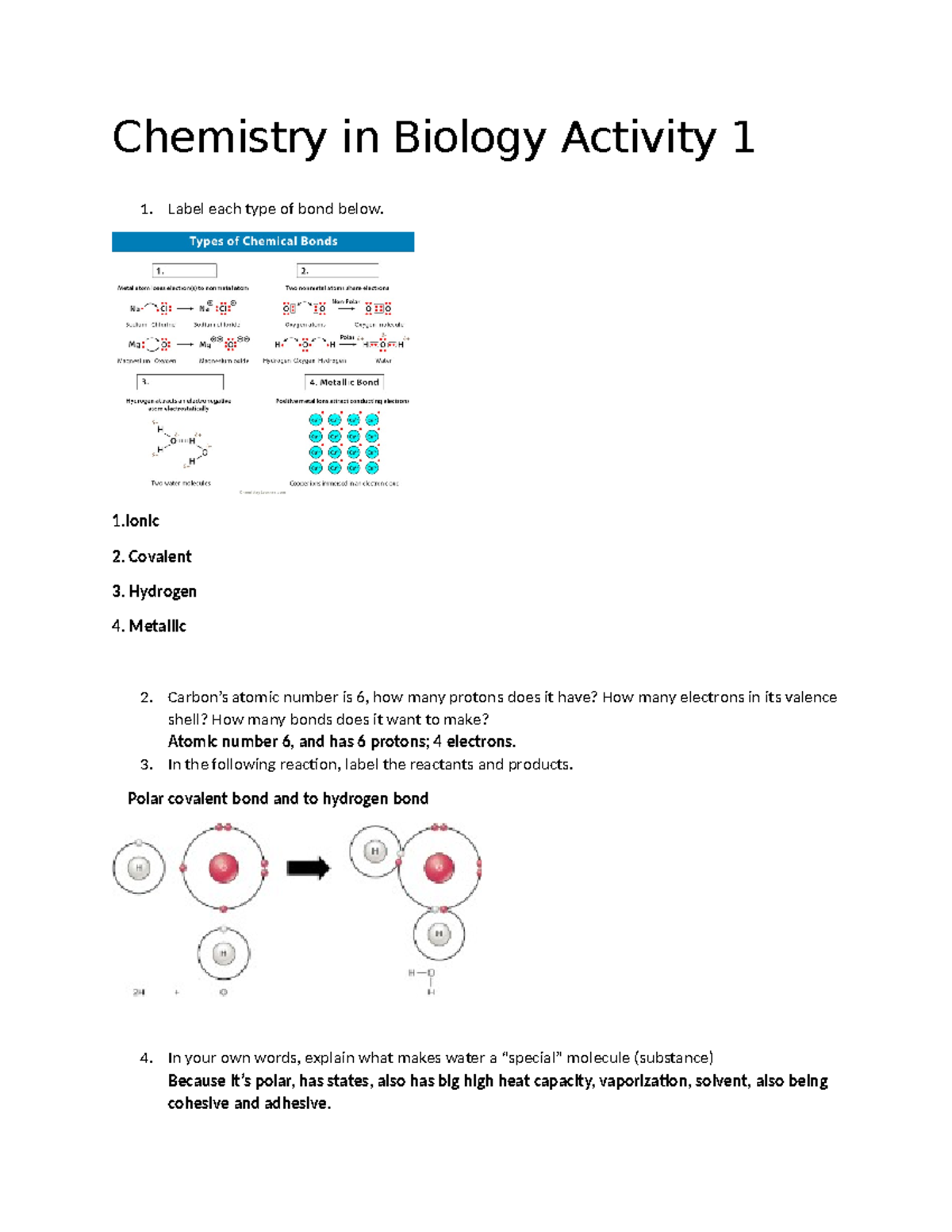 Basic chemistry activity - Chemistry in Biology Activity 1 1. Label ...