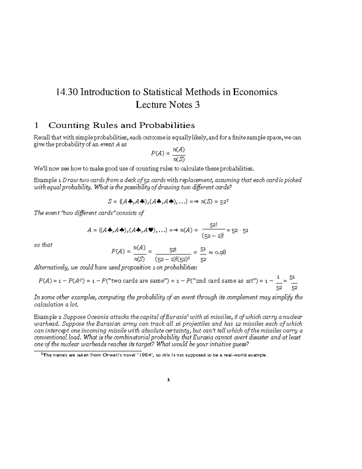 Introduction to Statistical Methods in Economics Lecture Notes 3 ...