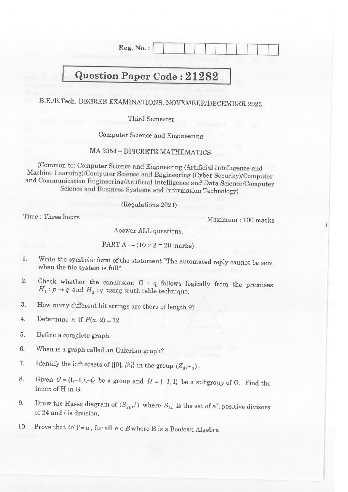 CSE-ND-2023-MA 3354-Discrete Mathematics-666186209-21282 - Reg. No ...