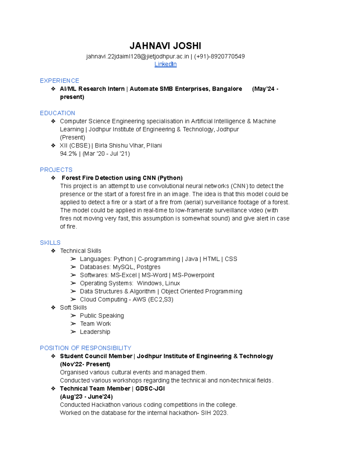 Resume - this is notes - JAHNAVI JOSHI jahnavi@jietjodhpur.ac | (+91 ...