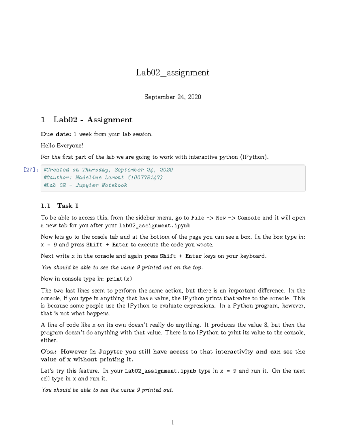 Lab02 assignment - prof: Mariana Shimabukuro - Lab02_assignment September 24, 2020 1 Lab02 ...