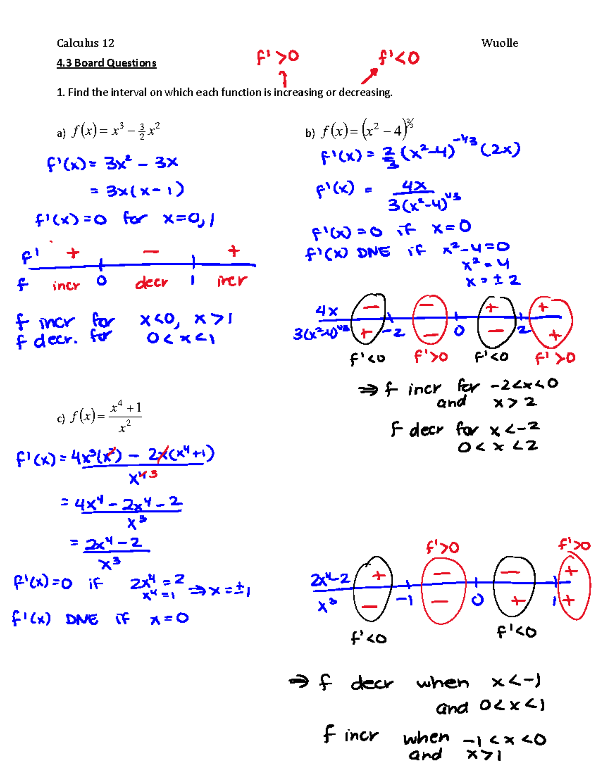 Calculus 4.3 questions - 4 Board Questions 1. Find the interval on ...