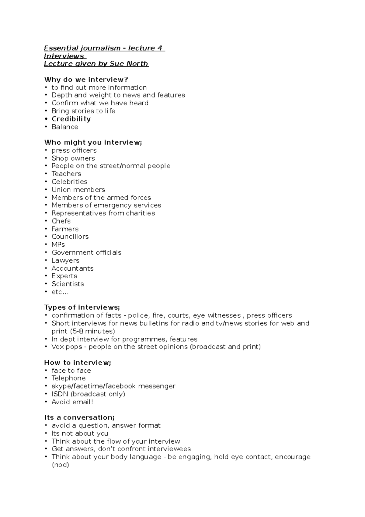 Essential journalism - interview lecture notes - Essential journalism ...