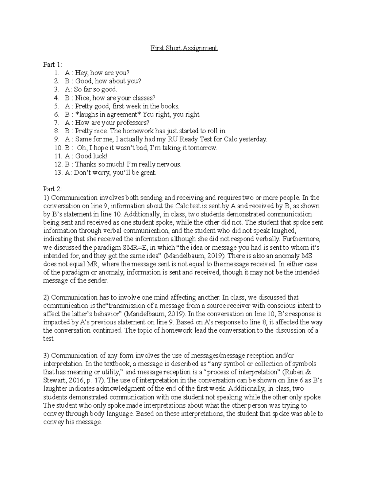 Communication 101- First Short Assignment - First Short Assignment Part ...