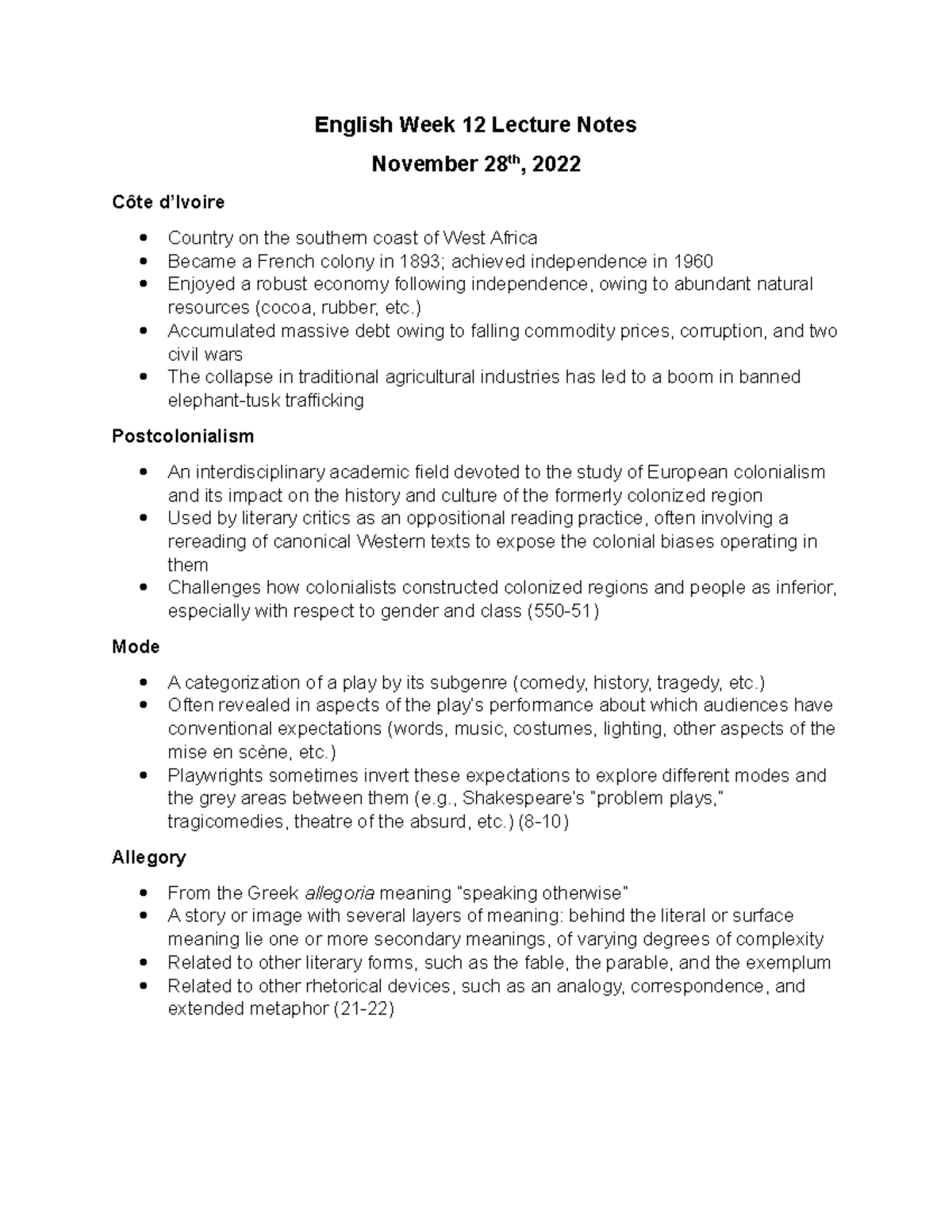 English Week 12 Lecture Notes - English Week 12 Lecture Notes November ...