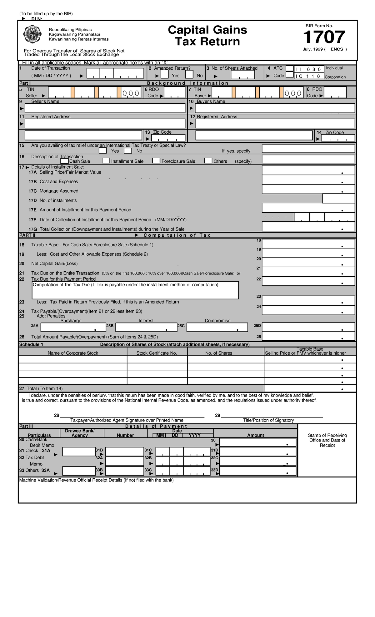 BIR FORM 1707 - use to fill out exercise - (To be filled up by the BIR ...