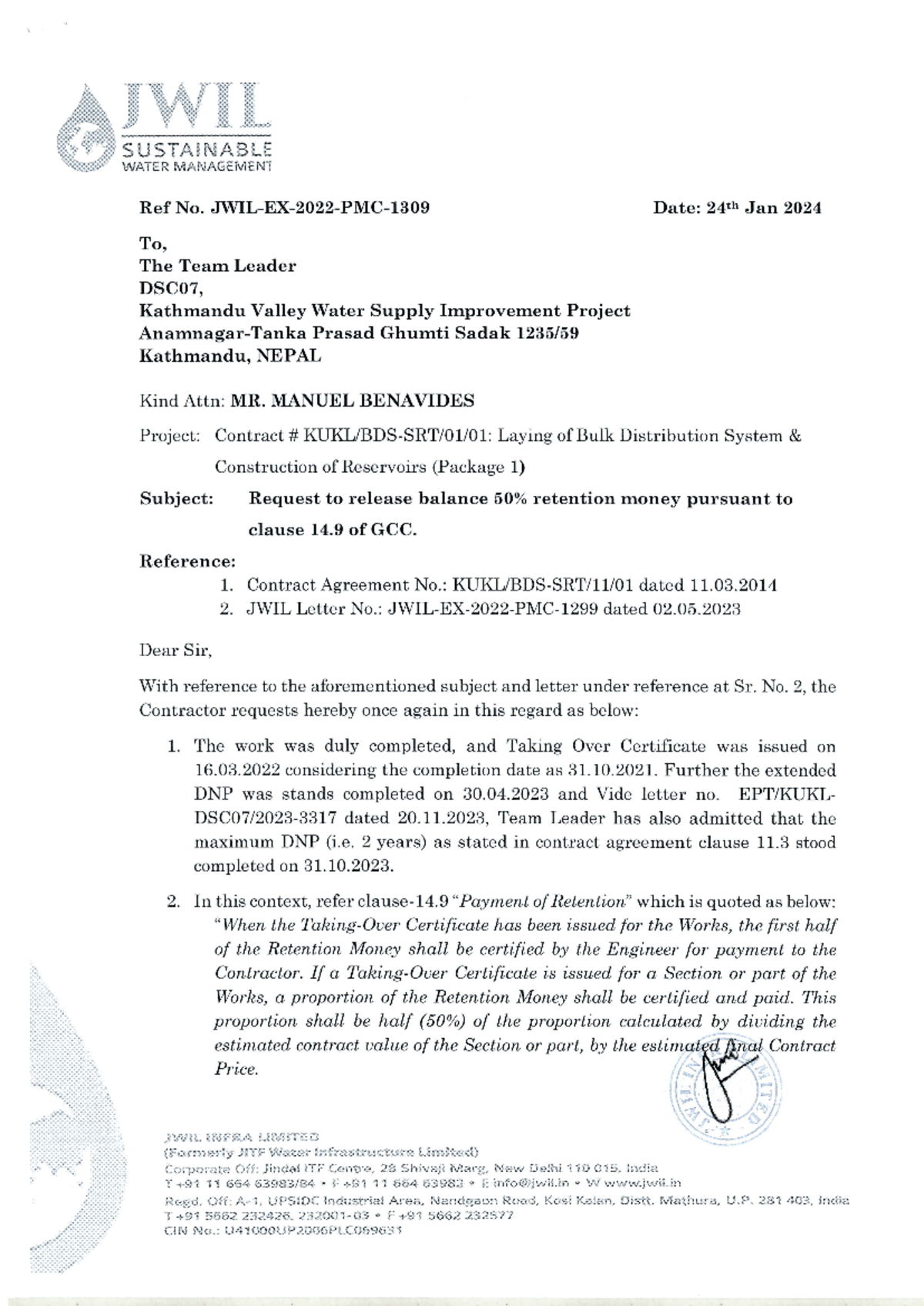 1309-24 Jan 2024-BDS 1-Request to release balance 50% retention money ...