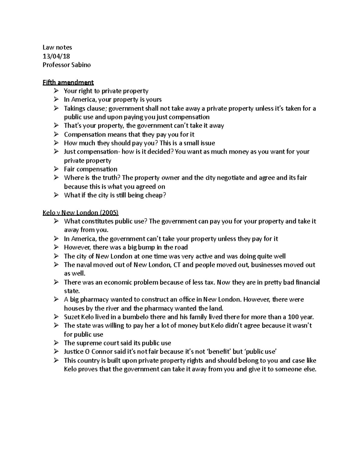 Law notes 14 - Law notes 13/04/ Professor Sabino Fifth amendment Your ...
