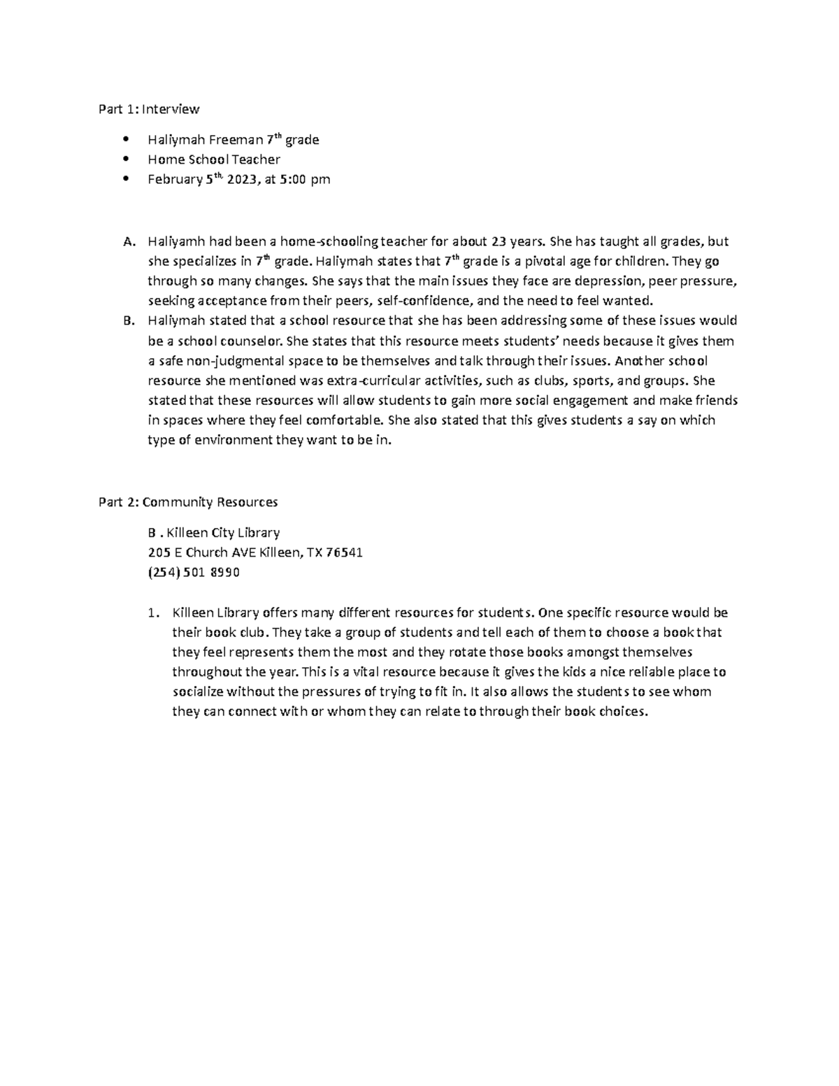 DFM3 TASK 3 - PASSED - Part 1: Interview Haliymah Freeman 7th grade ... DFM3 TASK 3 - PASSED - Part 1: Interview Haliymah Freeman 7th grade ...