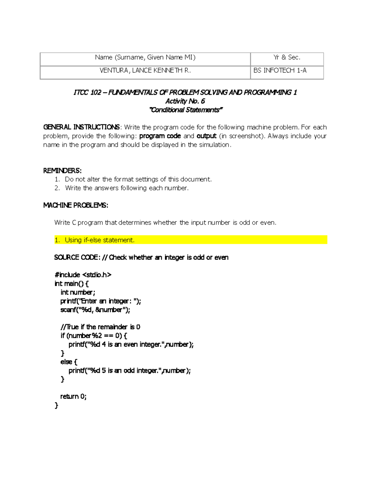 Activity 6 - answer for you - Name (Surname, Given Name MI) Yr & Sec ...