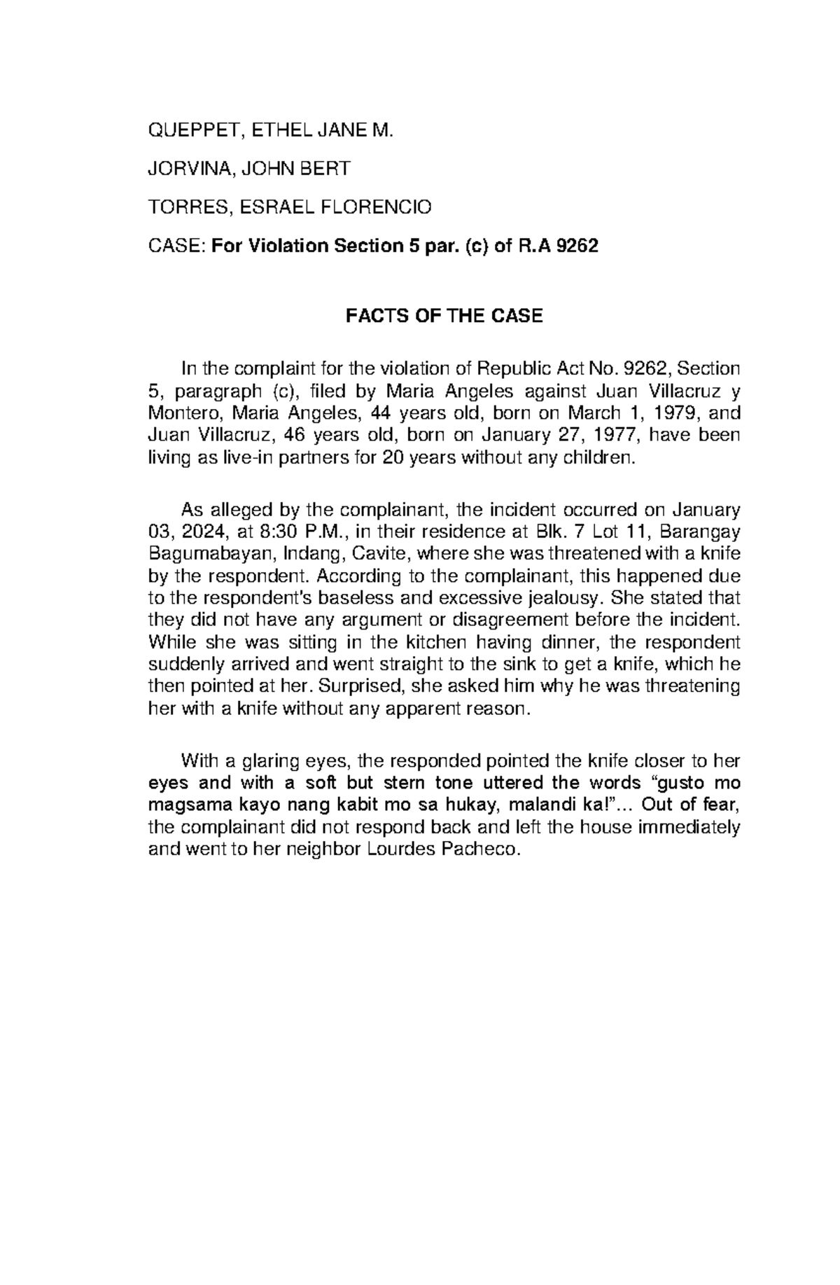 SEC. 5 (C) OF RA 9262 - QUEPPET, ETHEL JANE M. JORVINA, JOHN BERT ...