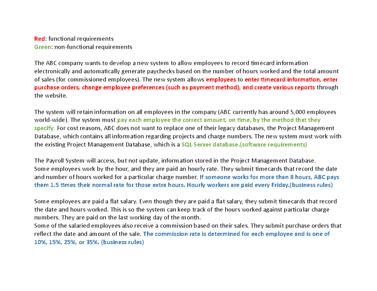 Introduction to Software Engineering SWE102 - Red : functional requirements Green : non ...