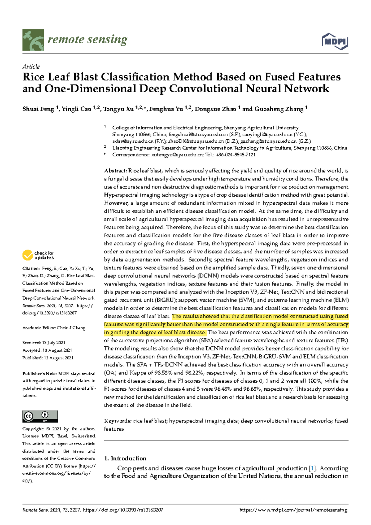 Remotesensing-13-03207 - remote sensing Article Rice Leaf Blast ...