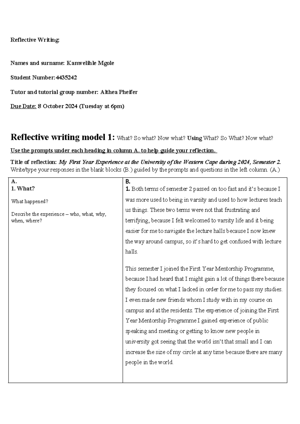 Mgole, K, 4435242, Tut group 22, Reflective writing - Reflective ...