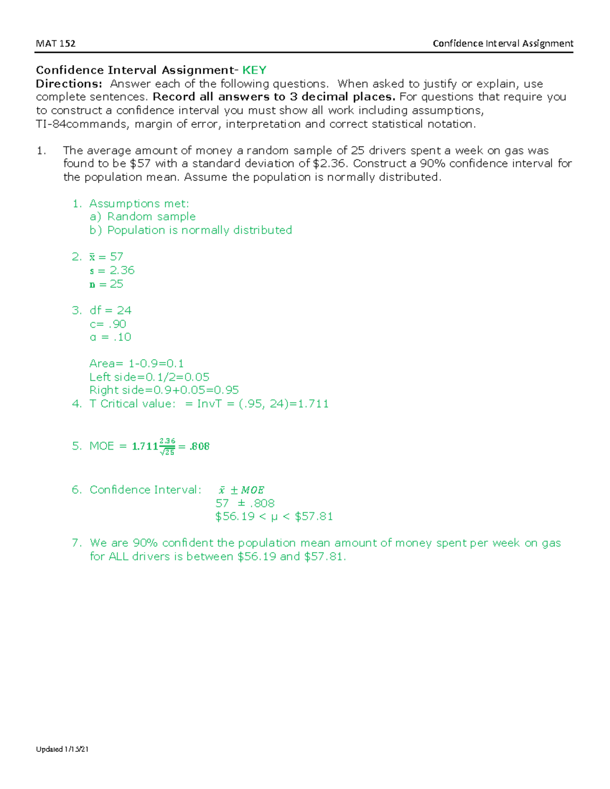 Practice Assignment for Test 4 - Confidence Interval Assignment- KEY ...