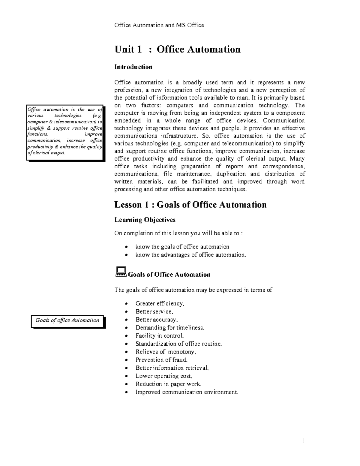 Unit-01 - Notes - Unit 1 : Office Automation Introduction Office ...