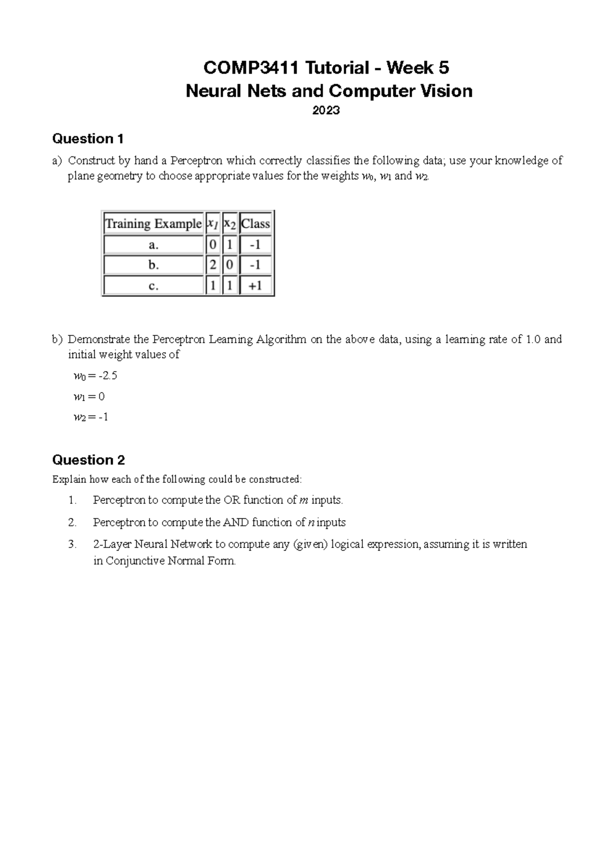 23T1 Week 5 Tutorial Questions - COMP3411 Tutorial - Week 5 Neural Nets ...