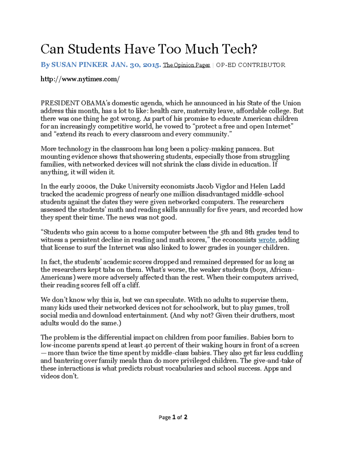 Can Students Have Too Much Tech - 30, 2015. The Opinion Pages | OP-ED ...