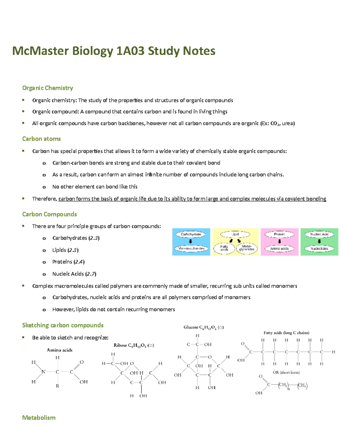 Bio 1a03 study notes - McMaster Biology 1A03 Study Notes Organic ...