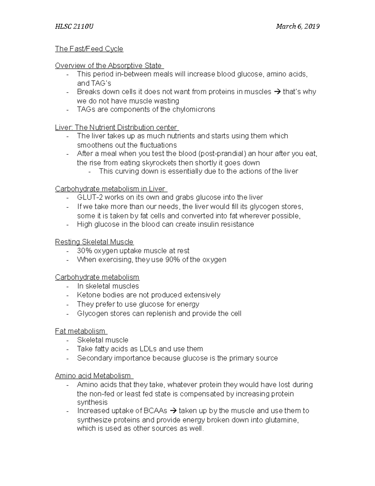 The Fast feed cycle - Lecture notes 12 - HLSC 2110U March 6, 2019 The ...
