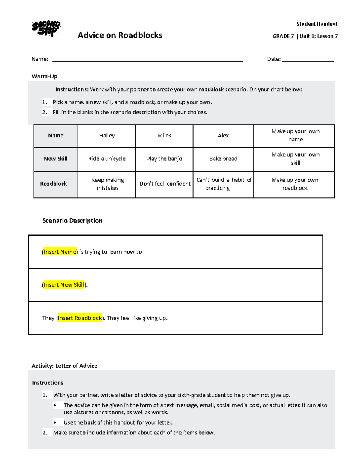TA 1 - naskdjgbfhdfsihgn - Student Handout Advice on Roadblocks GRADE 7 ...