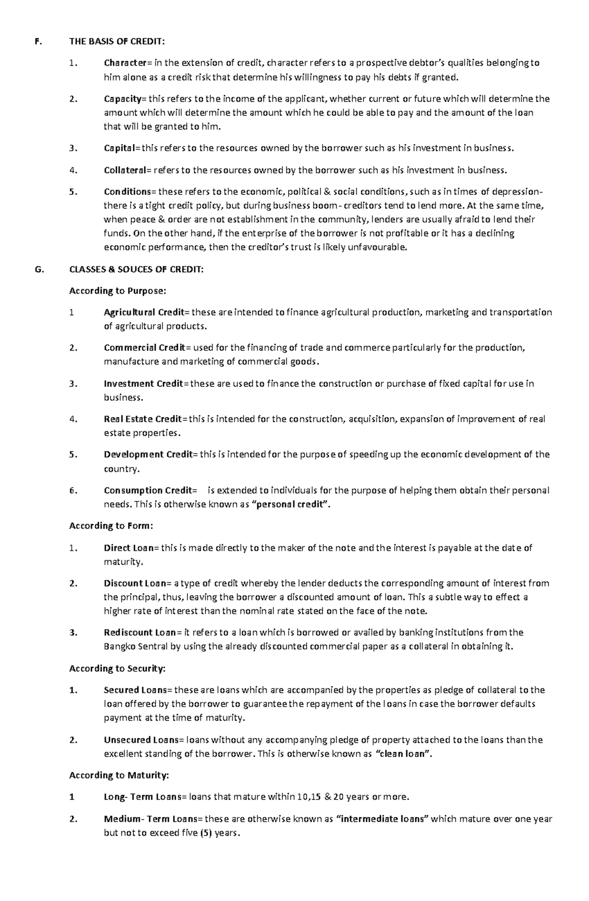 2 - . THE BASIS OF CREDIT: 1. Character= in the extension of credit ...