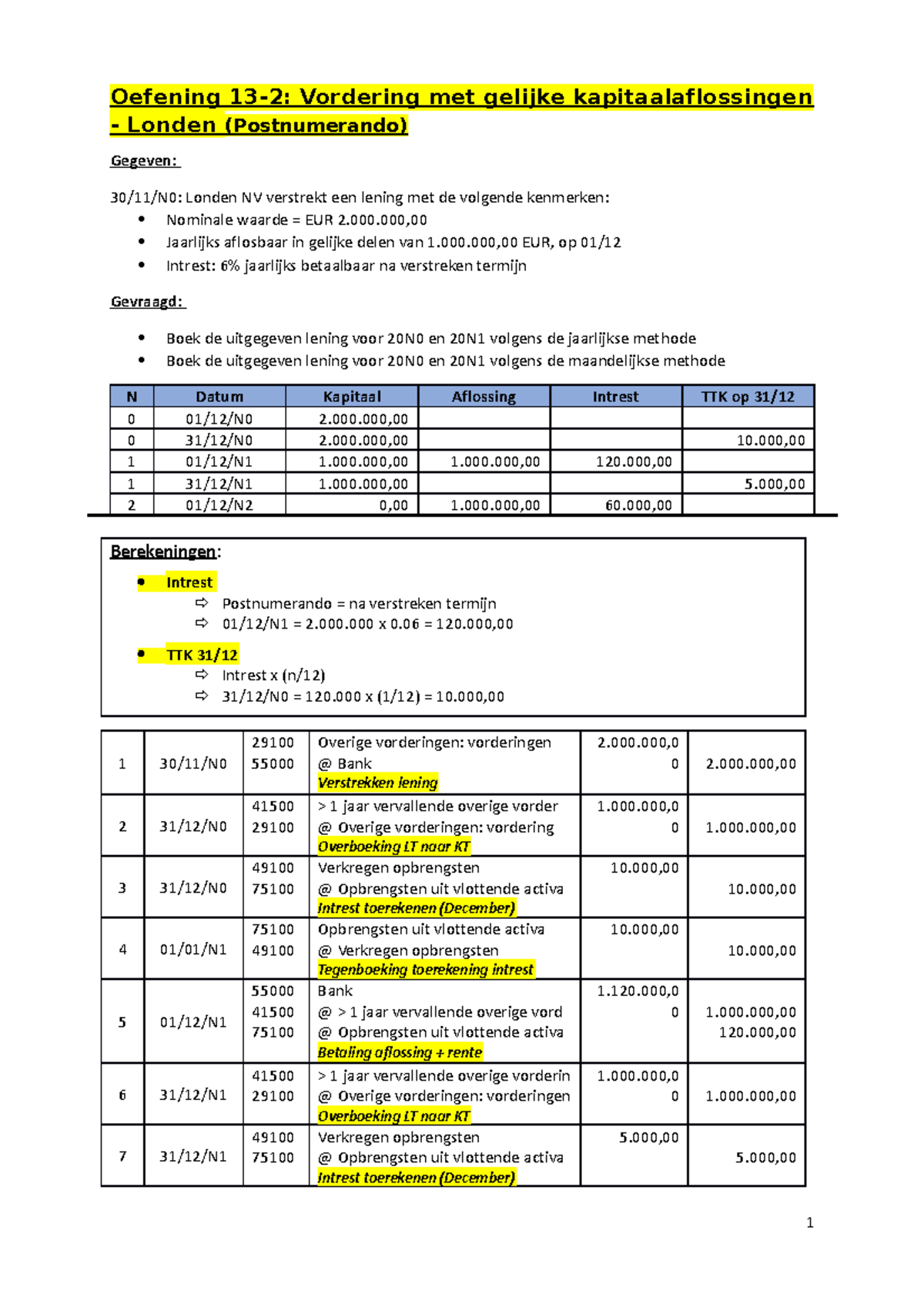 Oefeningen hoofdstuk 13 - Oplossingen - Oefening 13-2: Vordering met gelijke kapitaalaflossingen ...
