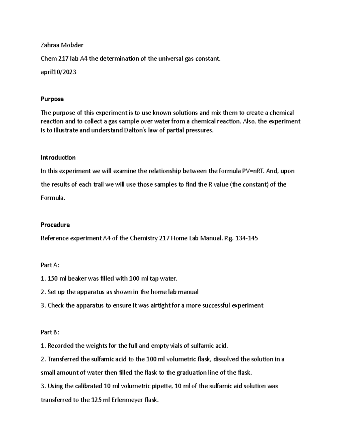 Chem 217 lab A4 - chem 217 lab A4 - Zahraa Mobder Chem 217 lab A4 the ...