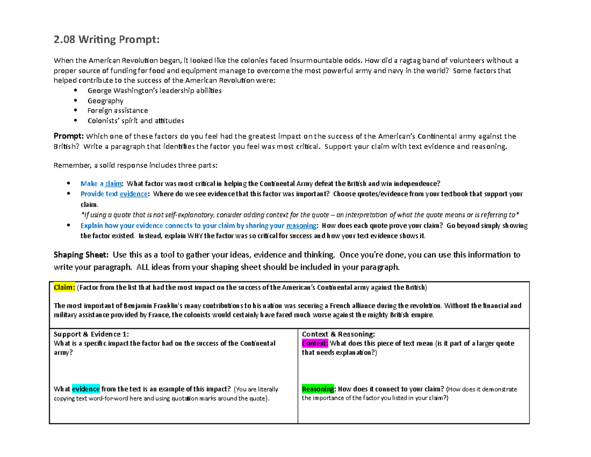 2.08 Writing Prompt - Governing a New Nation - 2 Writing Prompt: When ...