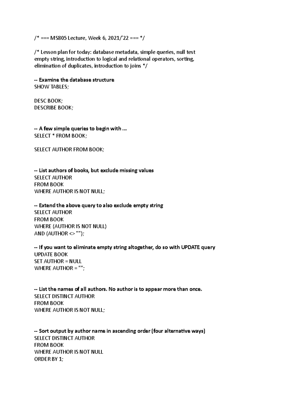 Sql Examples Queries Lecture Ms805 Lecture Week 6 202122