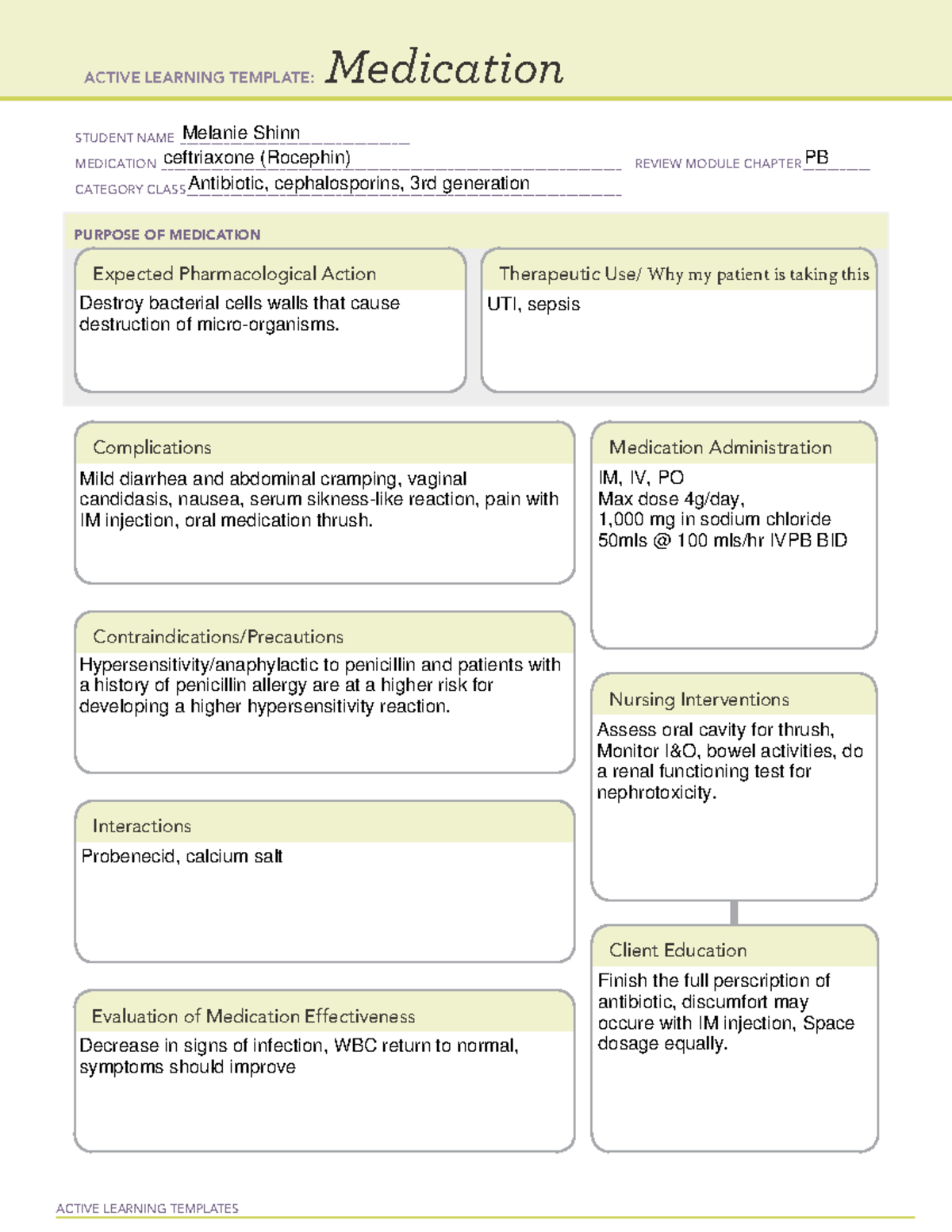 ATI med cef Triaxone - ACTIVE LEARNING TEMPLATES Medication STUDENT ...
