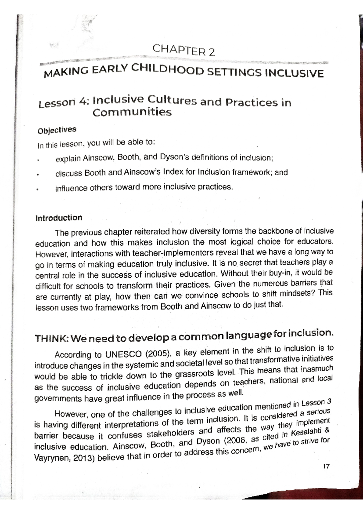 SNED 9 - Lesson 4&5 - CHAPTER 2 MAKING EARLY CHILDHOOD SETTINGS INCLUSIVE Lesson 4: Inclusive ...