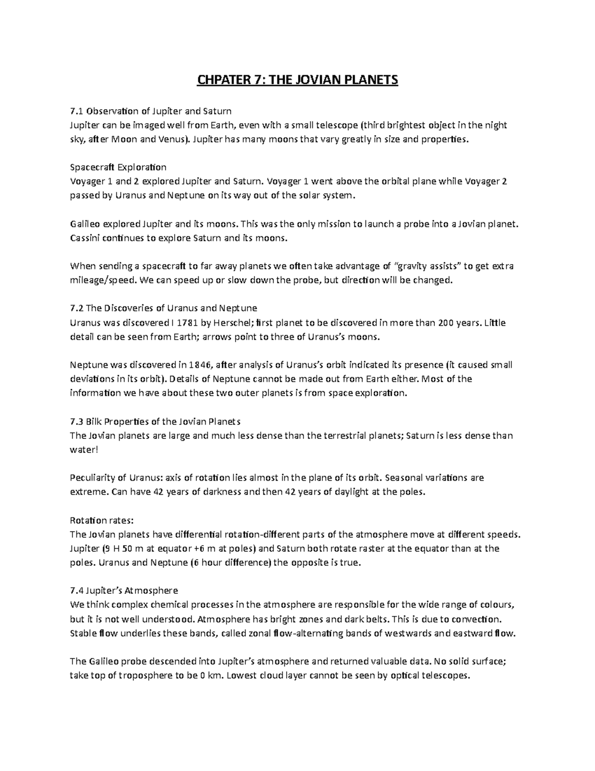 Chapter 7 Notes - CHPATER 7: THE JOVIAN PLANETS 7 Observation of ...