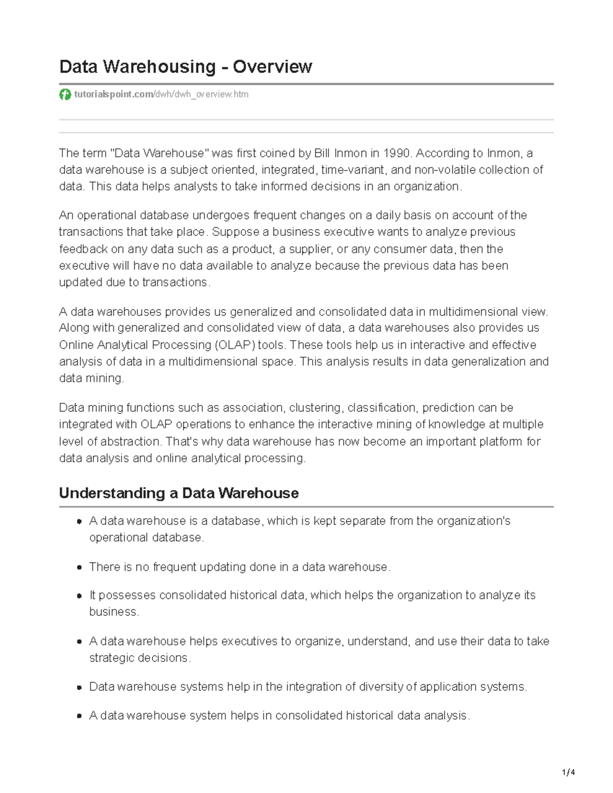 1 Introduction to Data Warehousing-1 - Data Warehousing - Overview - Studocu