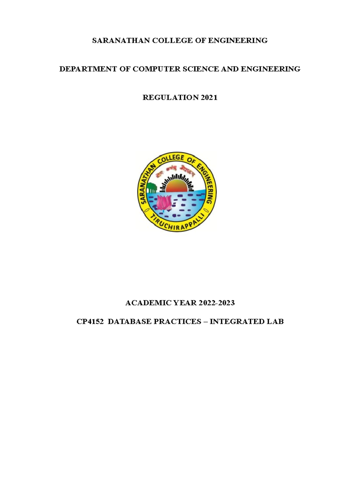 CP4152 database Practices lab record - SARANATHAN COLLEGE OF ENGINEERING DEPARTMENT OF COMPUTER ...