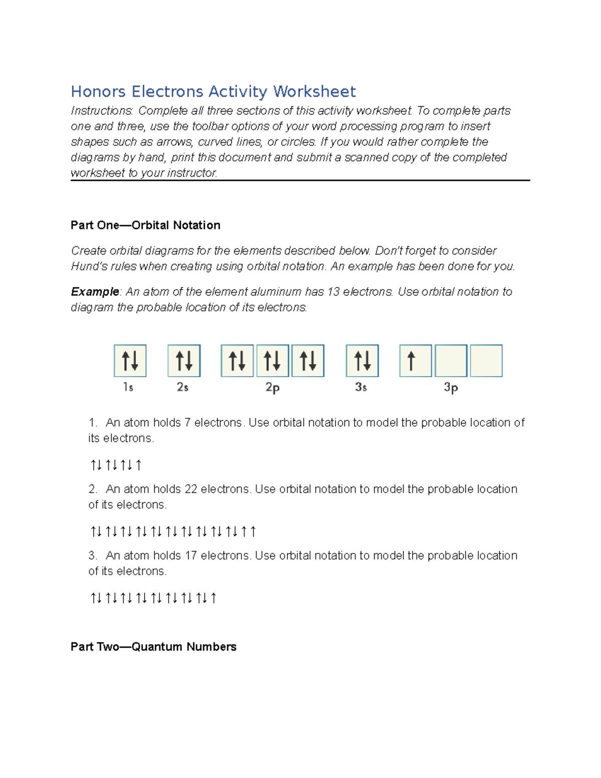 Honors Electrons Activity - To complete parts one and three, use the ...