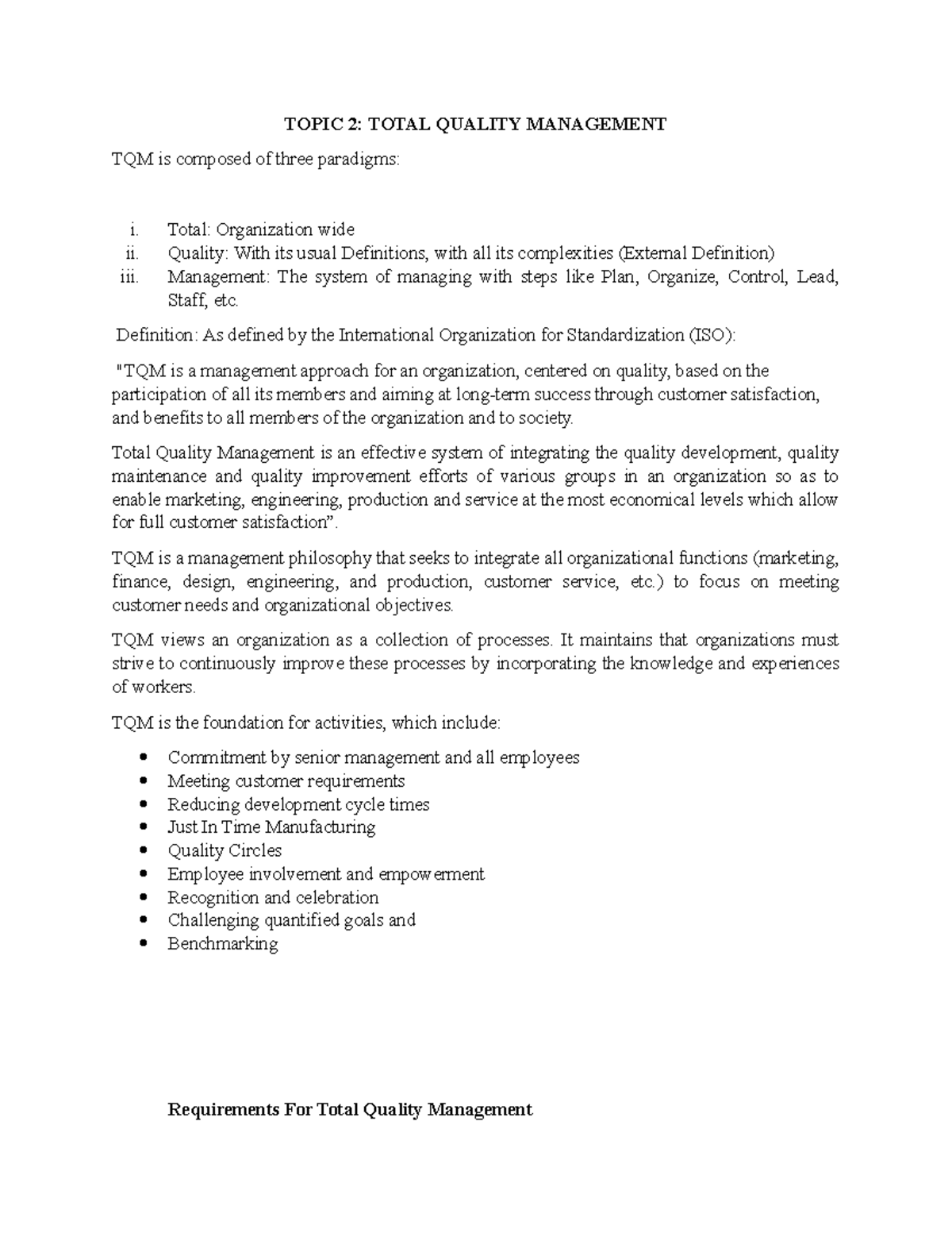 Total quality management - TOPIC 2: TOTAL QUALITY MANAGEMENT TQM is ...