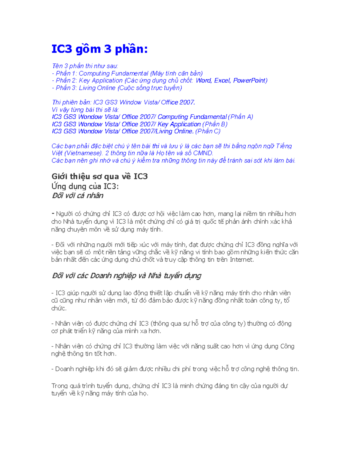 Cấu trúc và giao diện bài thi IC3 - IC3 gồm 3 phần: Tên 3 phần thi như ...