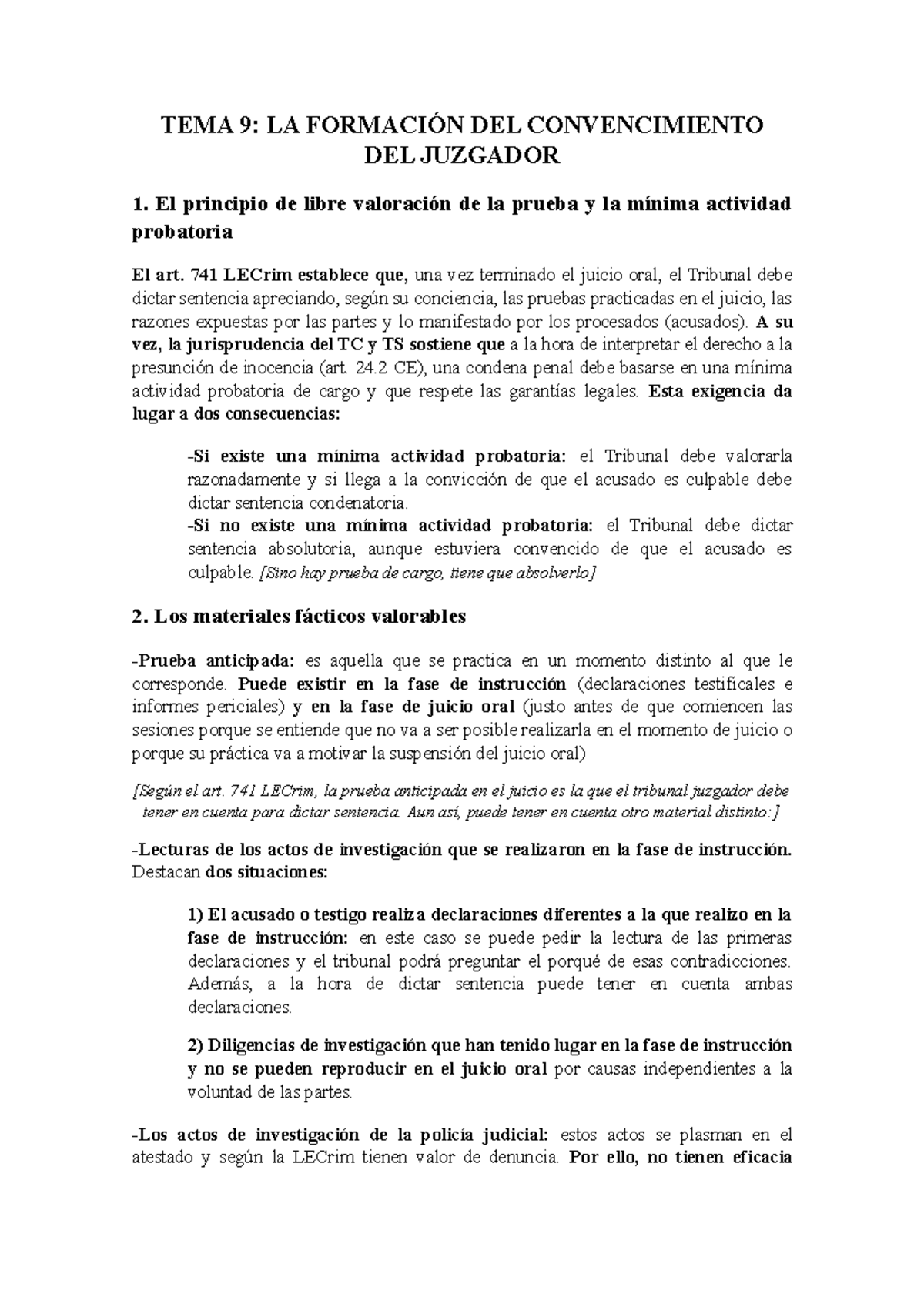 resumen Formación DEL Convencimiento DEL Juzgador - TEMA 9: LA ...