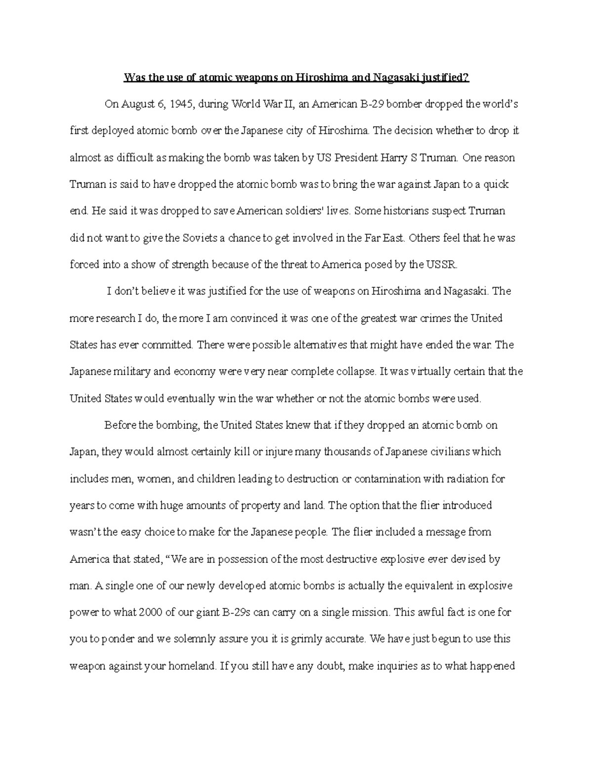 Atomic Bomb Position Paper - Was the use of atomic weapons on Hiroshima ...