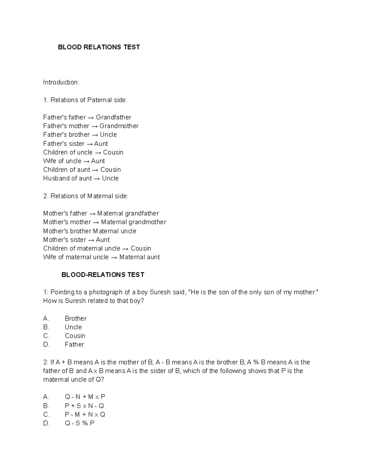 Blood relation test - Hejsjsjzj - BLOOD RELATIONS TEST Introduction ...