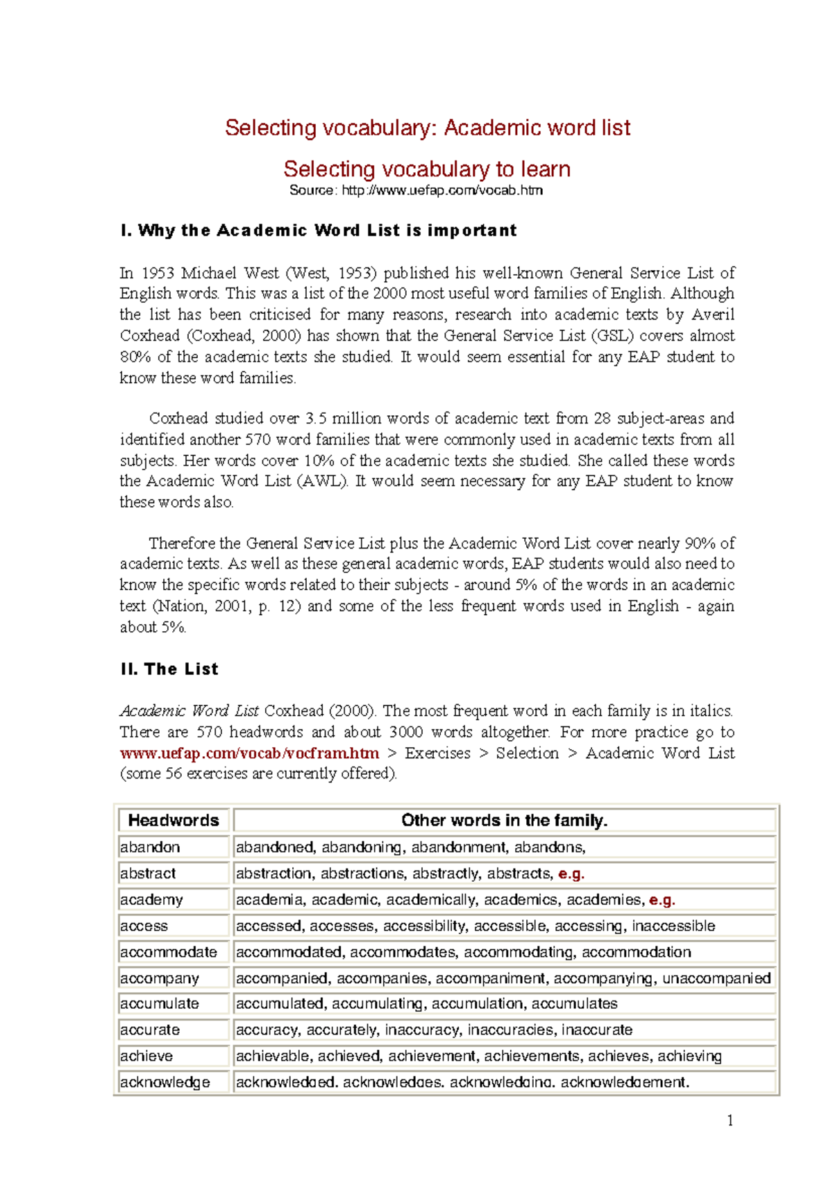 Academic Word List - Selecting vocabulary: Academic word list Selecting ...